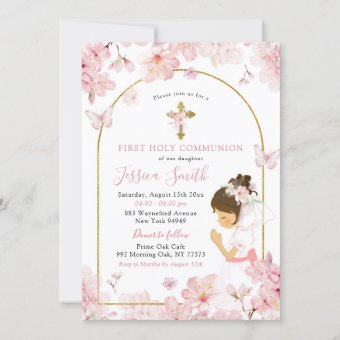 Pink Cherry Blossom Girl Kneeling First Communion Invitation | Zazzle