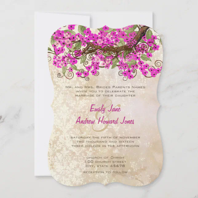 Pink Cherry Blossom Tea Stain Wedding Invites | Zazzle