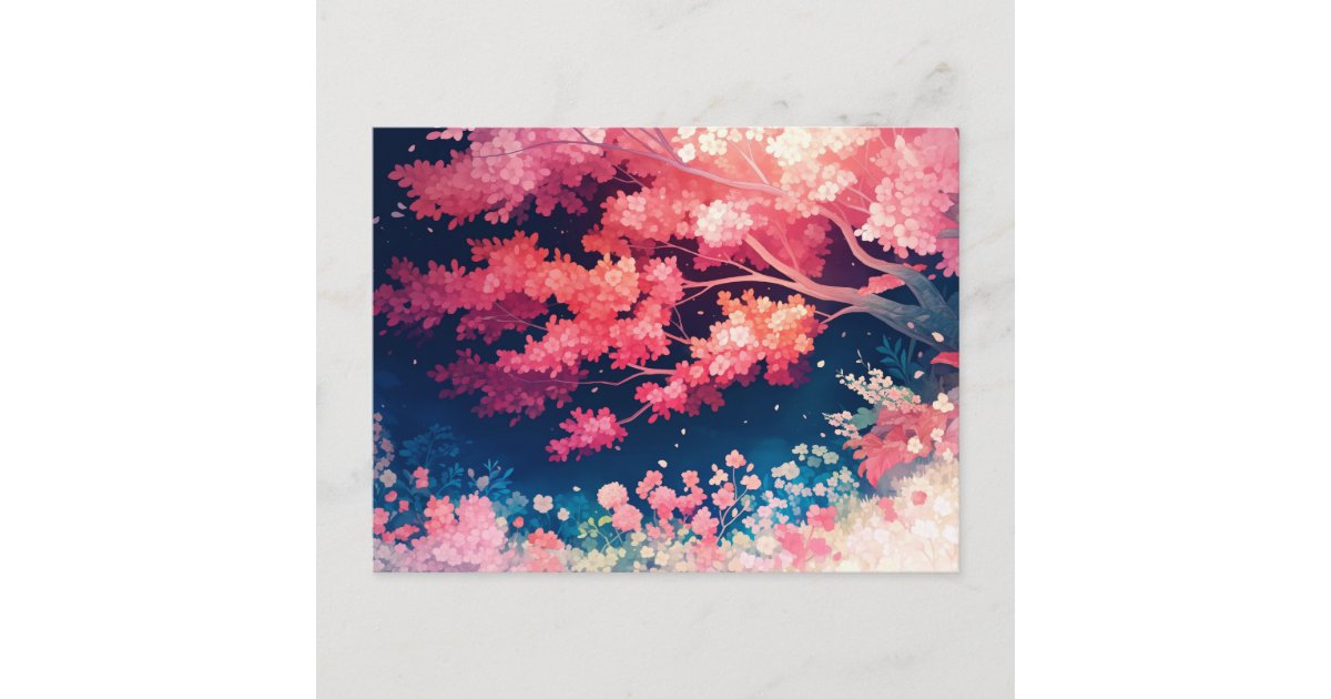 Pink Cherry Blossom Tree at Night Starry Sky Postcard | Zazzle