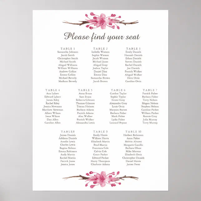 Pink cherry blossom. Wedding Seating Chart Poster | Zazzle
