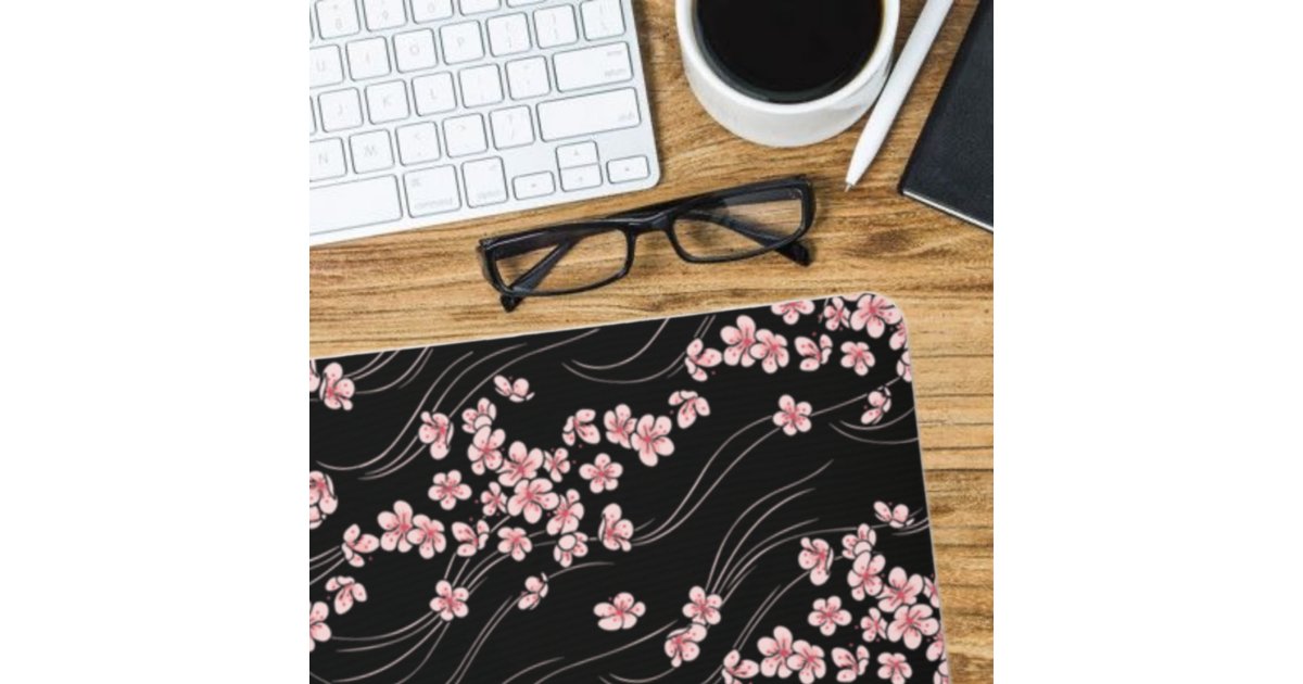 Pink Cherry Blossoms on Black Mouse Pad | Zazzle