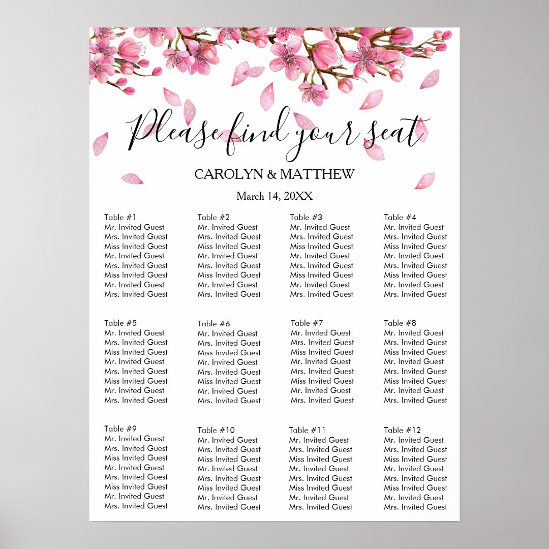 Pink Cherry Blossoms Seating Chart | Zazzle
