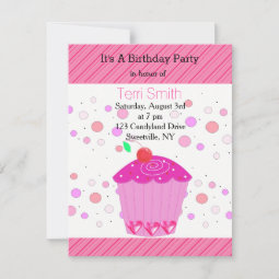 Pink Cherry Cupcake Birthday Invitation | Zazzle