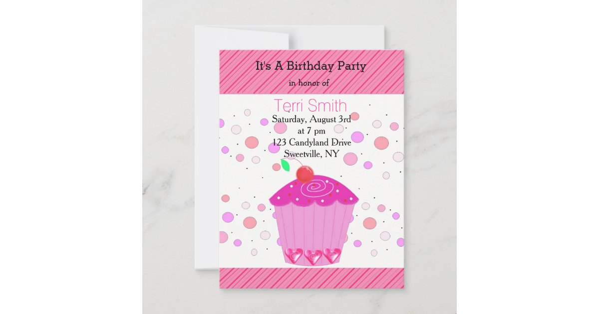 Pink Cherry Cupcake Birthday Invitation | Zazzle