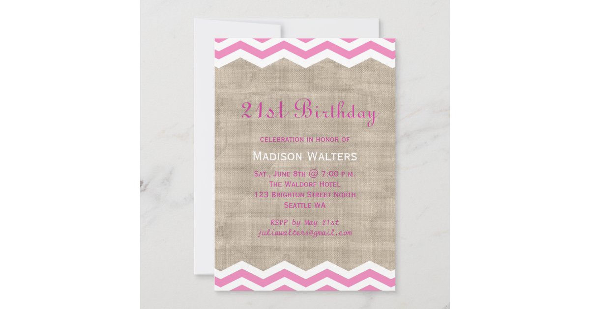 Pink Chevrons on Burlap Birthday Invitation | Zazzle