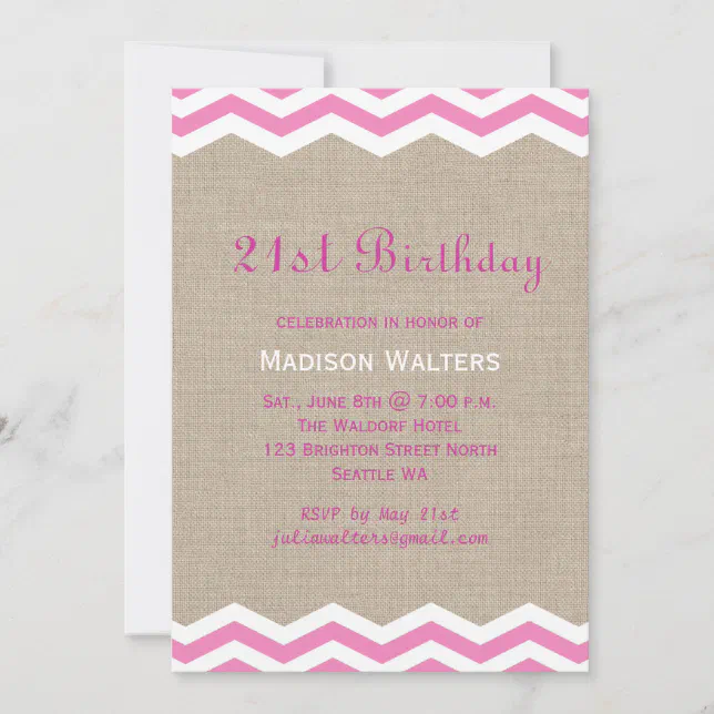 Pink Chevrons on Burlap Birthday Invitation | Zazzle