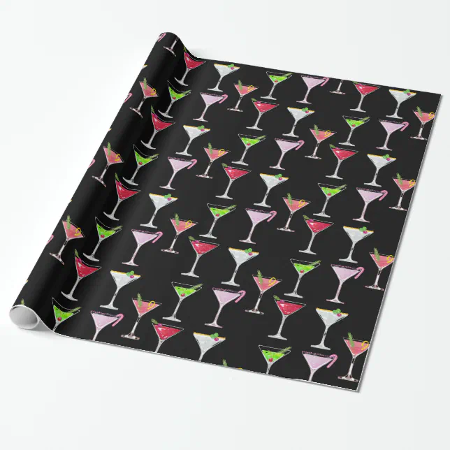 Pink Christmas Cocktail/Black Wrapping Paper | Zazzle