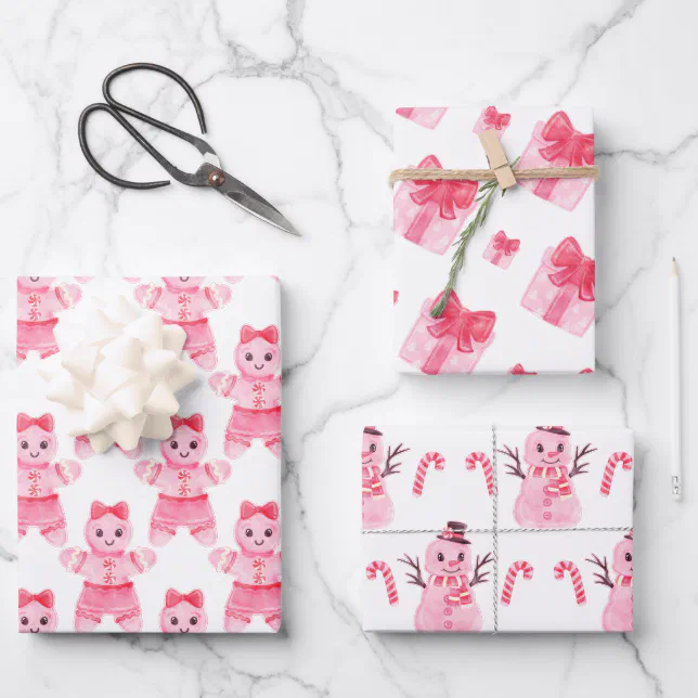 Pink Christmas Girl Gingerbread Candy Cane Gift Wrapping Paper Sheets ...