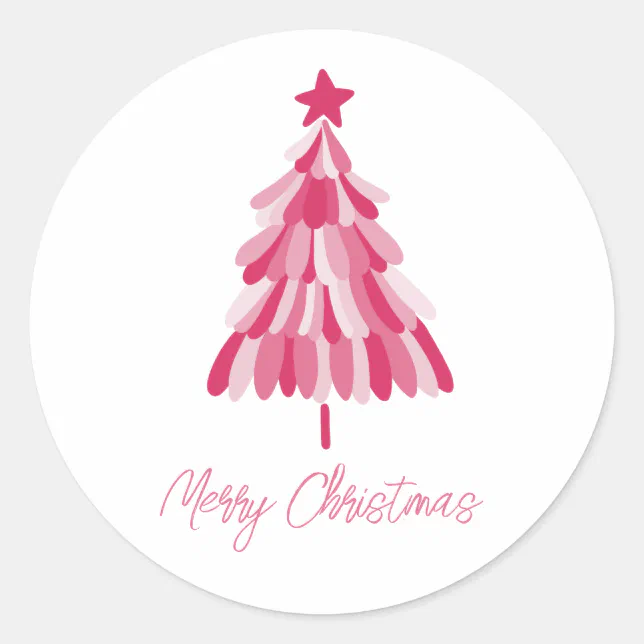 Pink Christmas Holiday tree Classic Round Sticker | Zazzle