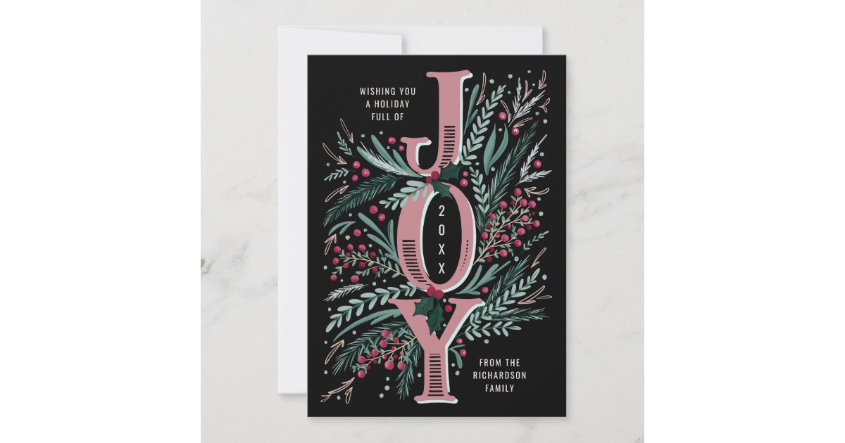 Pink Christmas Joy Hand Drawn Foliage on Black Holiday Card | Zazzle