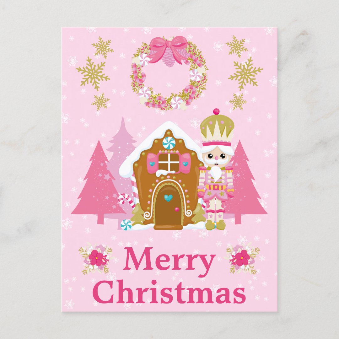 Pink Christmas Nutcracker and Gingerbread House Holiday Postcard | Zazzle