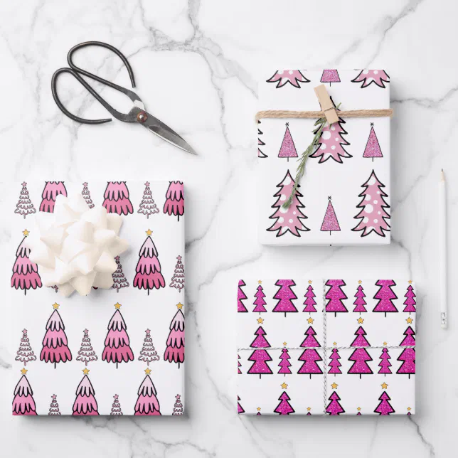 Pink Christmas Tree Pattern Glitter & Leopard Fun Wrapping Paper Sheets ...