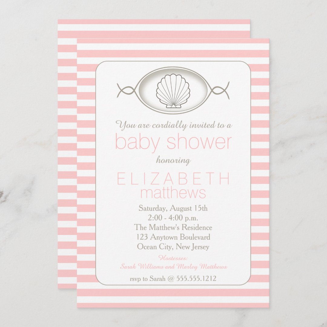 Pink Clamshell Striped Beach Theme Baby Shower Inv Invitation | Zazzle
