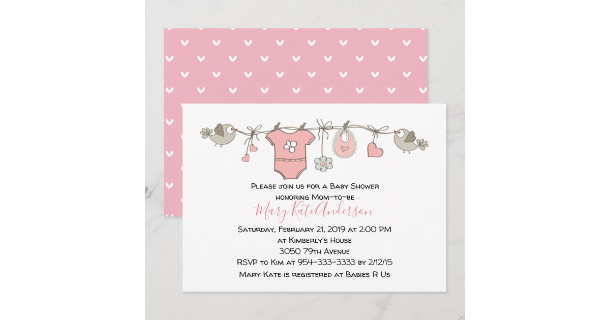 Pink Clothes Line It's a Girl BABY SHOWER Invitation | Zazzle