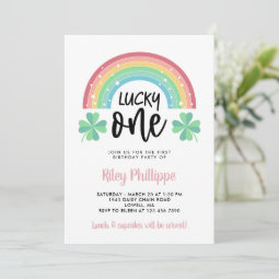 Pink Clover & Rainbow Lucky One First Birthday Invitation | Zazzle