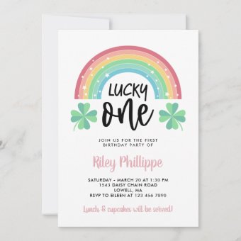 Pink Clover & Rainbow Lucky One First Birthday Invitation | Zazzle