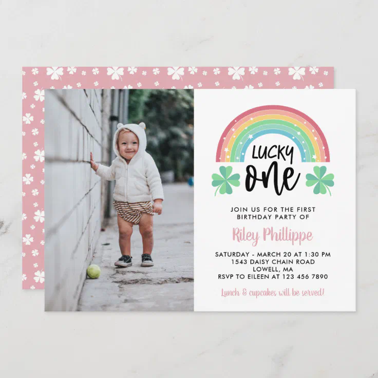 Pink Clover & Rainbow Lucky One Photo 1st Birthday Invitation | Zazzle