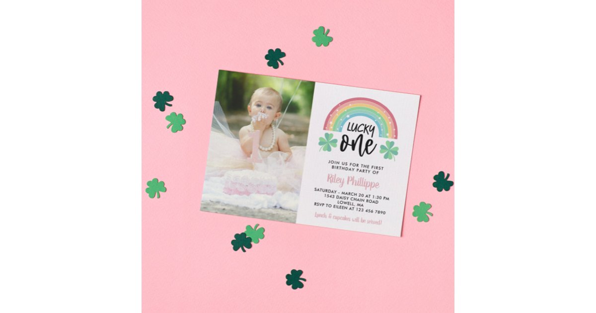 Pink Clover & Rainbow Lucky One Photo 1st Birthday Invitation | Zazzle