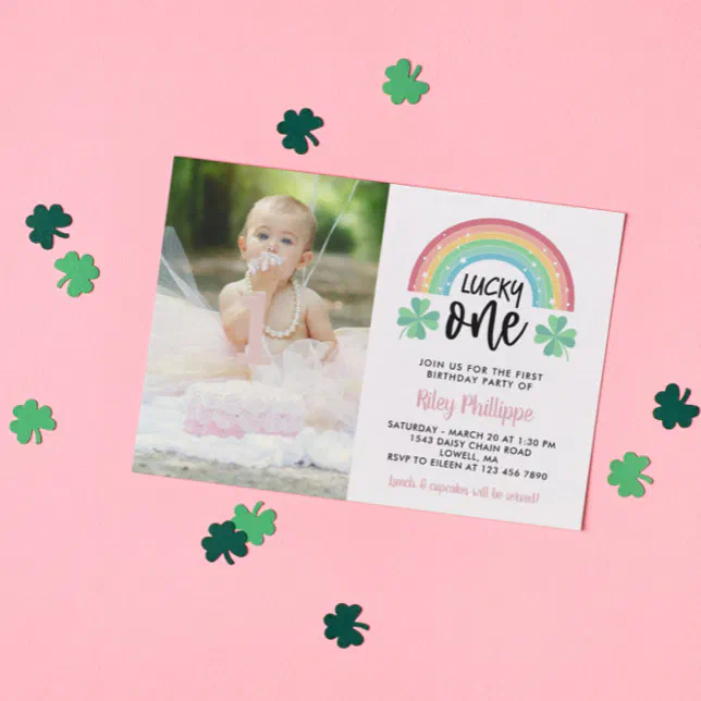 Pink Clover & Rainbow Lucky One Photo 1st Birthday Invitation | Zazzle