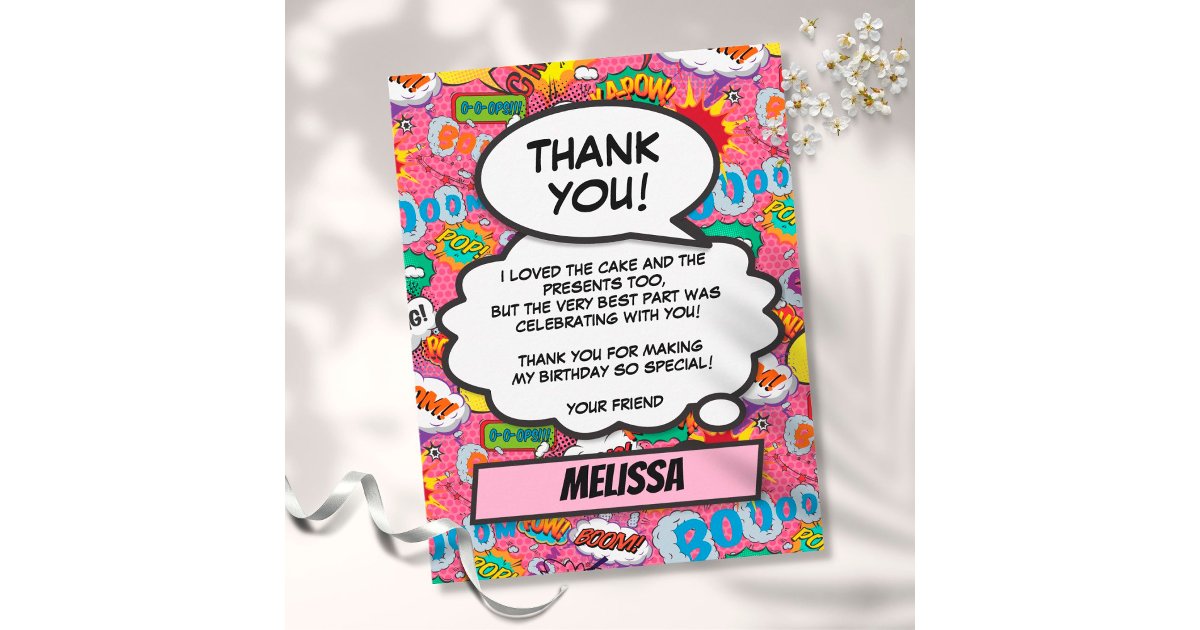 Pink Comic Book Superhero Birthday Party Thank You Card | Zazzle