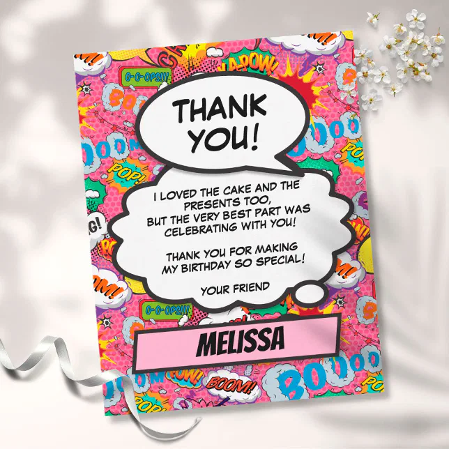 Pink Comic Book Superhero Birthday Party Thank You Card | Zazzle