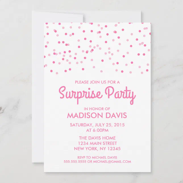 Pink Confetti Surprise Birthday Party Invitation | Zazzle