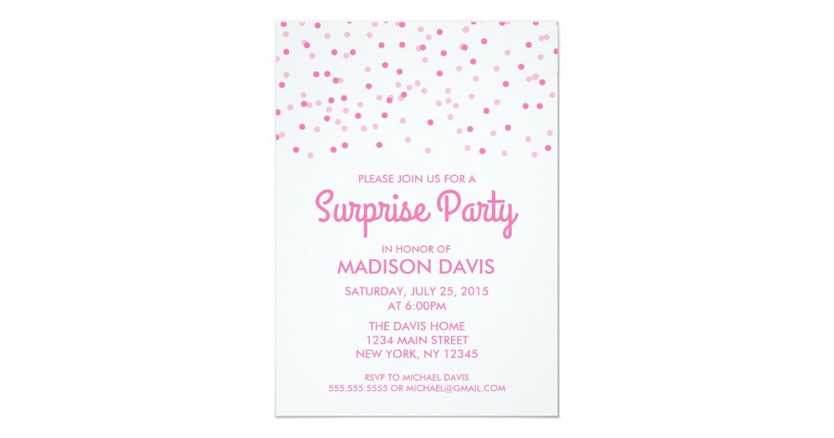 Pink Confetti Surprise Birthday Party Invitation | Zazzle.com