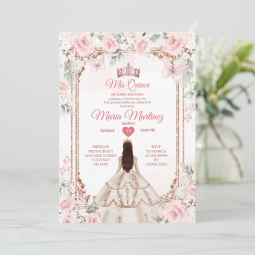 Pink & Copper Gold Flowers Princess Mis Quince Invitation | Zazzle