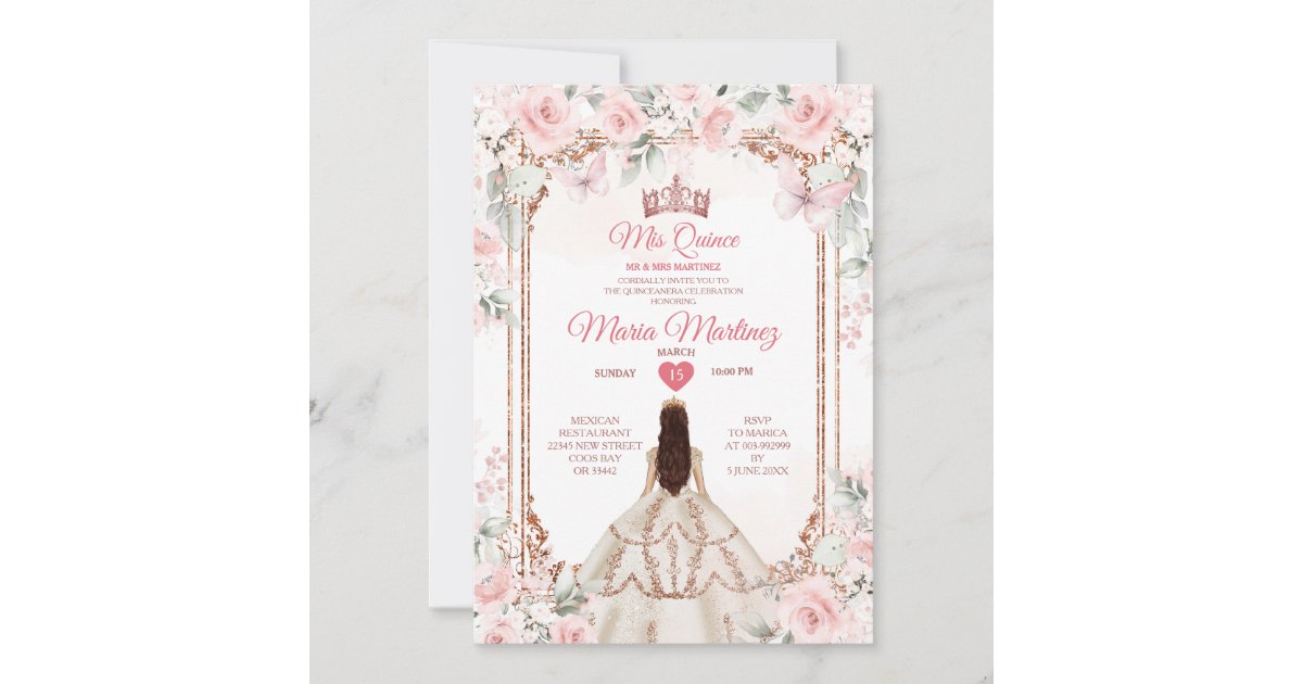 Pink & Copper Gold Flowers Princess Mis Quince Invitation | Zazzle