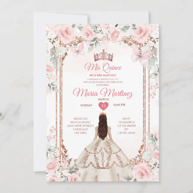 Pink & Copper Gold Flowers Princess Mis Quince Invitation | Zazzle