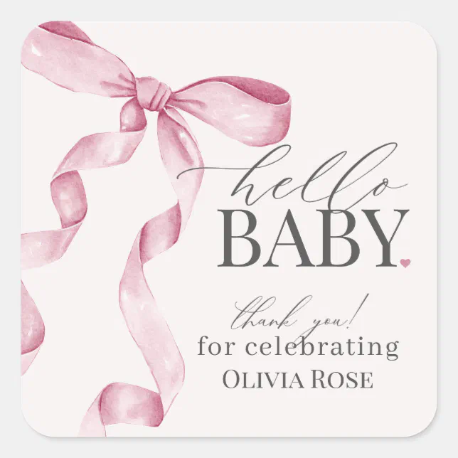 Pink Coquette Bow Girl Baby Shower Favor Square Sticker | Zazzle