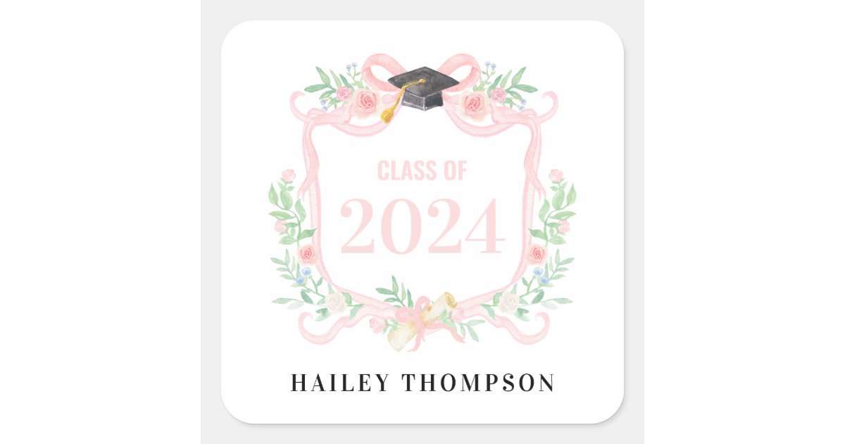 Pink Coquette Bow | Graduation Year Crest Square Sticker | Zazzle