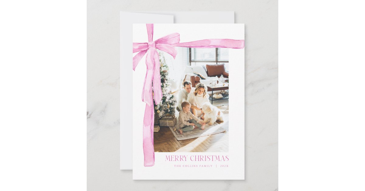 Pink Coquette Bow Holiday Photo Christmas Card | Zazzle