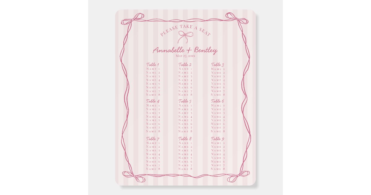 Pink Coquette Bow Pastel Striped Seating Chart Foam Board | Zazzle