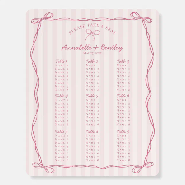 Pink Coquette Bow Pastel Striped Seating Chart Foam Board | Zazzle