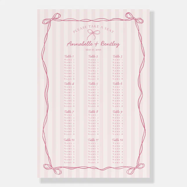 Pink Coquette Bow Pastel Striped Seating Chart Foam Board | Zazzle