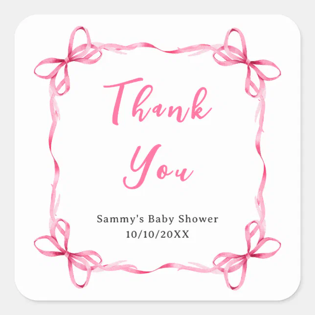 Pink Coquette Ribbon Baby Shower Thank You Square Sticker | Zazzle