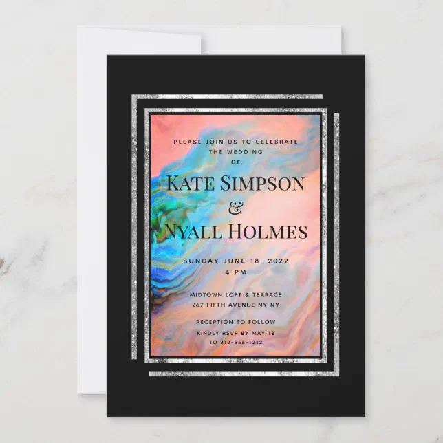 Pink Coral Agate Silver Frame Wedding & Party Invitation | Zazzle