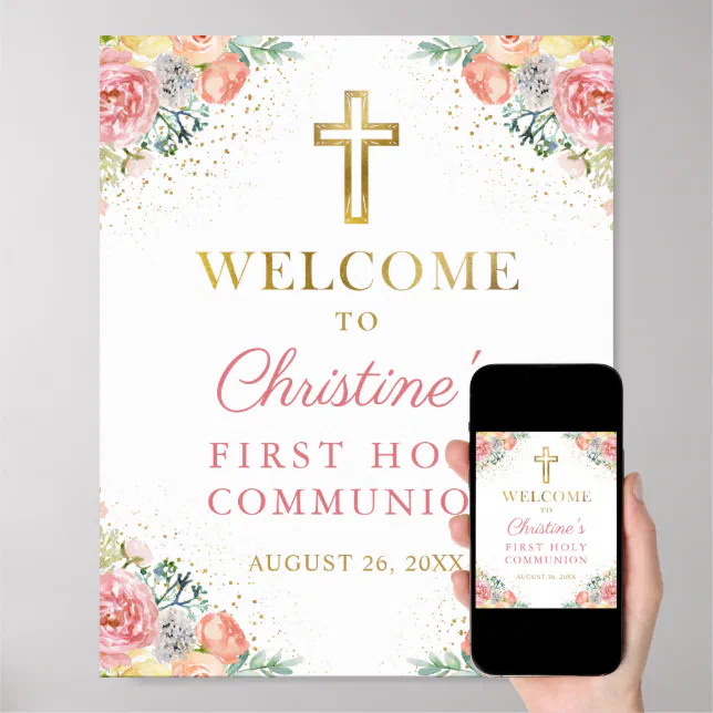 Pink Coral Floral First Holy Communion Welcome Poster | Zazzle