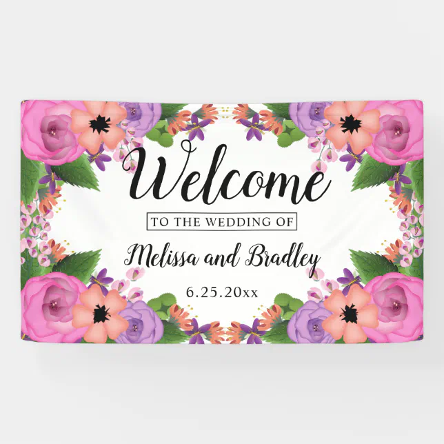 Pink Coral Purple Summer Floral Wedding Welcome Banner | Zazzle