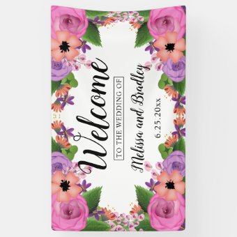 Pink Coral Purple Summer Floral Wedding Welcome Banner | Zazzle