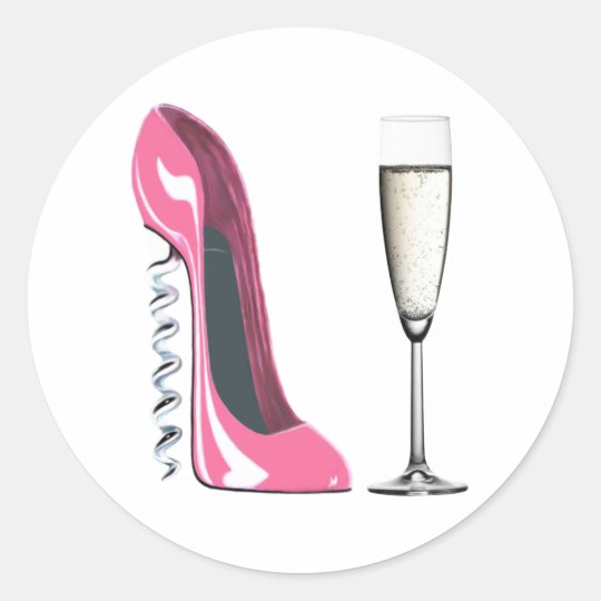 Pink Corkscrew Stiletto Shoe and Champagne Glass Classic Round Sticker ...