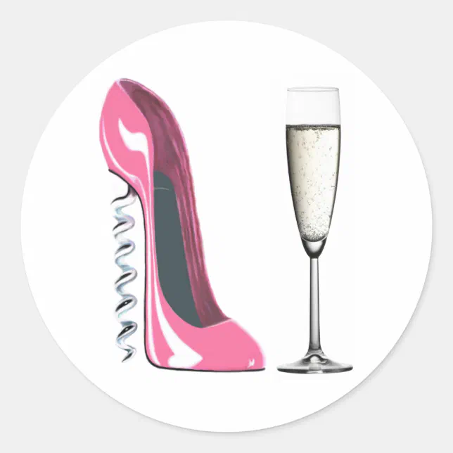 Pink Corkscrew Stiletto Shoe and Champagne Glass Classic Round Sticker ...