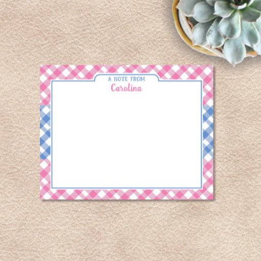 Pink & Cornflower Blue Preppy Gingham Stationery Note Card | Zazzle