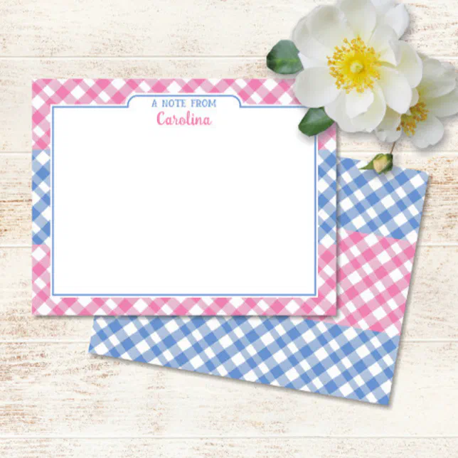 Pink & Cornflower Blue Preppy Gingham Stationery Note Card | Zazzle