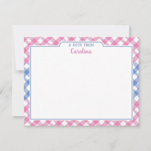 Pink & Cornflower Blue Preppy Gingham Stationery Note Card | Zazzle