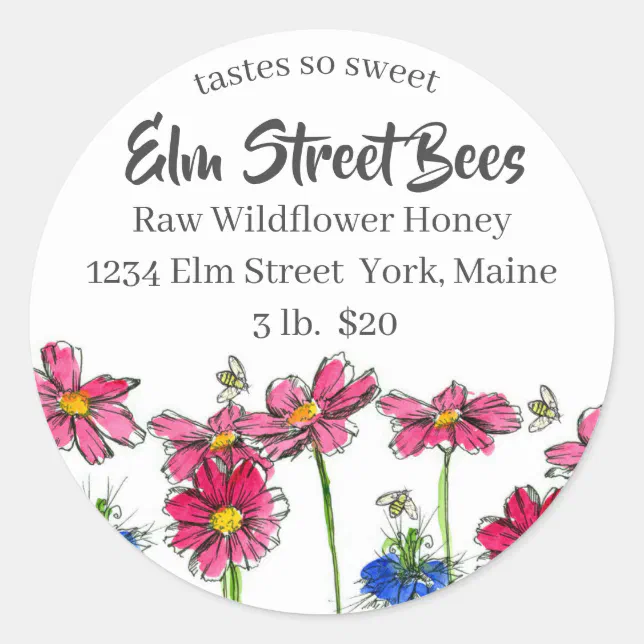 Pink Cosmos Fresh Honey Bees Label | Zazzle