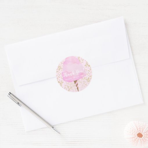 Pink Cotton Candy & Gold Confetti Birthday Party Classic Round Sticker ...