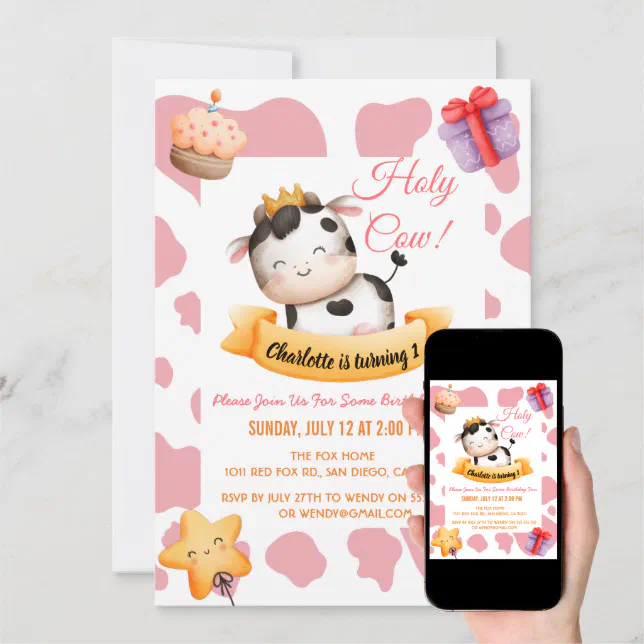Pink Cow Print 1st Birthday Holly Cow Invitation | Zazzle