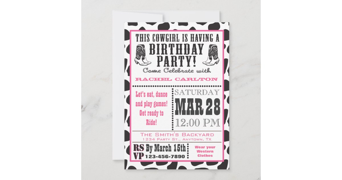 Pink Cow Print Cowgirl Birthday Invitation | Zazzle